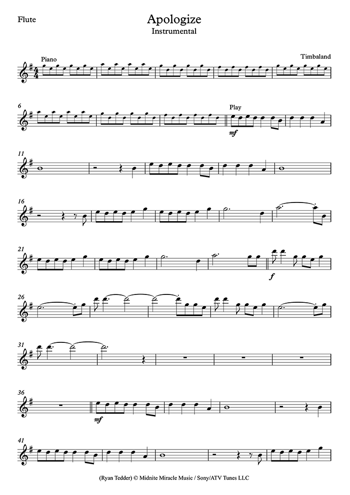 Apologize (Very Easy Level) (OneRepublic,Timbaland) - Flute Sheet Music Apologize (Very Easy Level) (OneRepublic,Timbaland) - Flute Sheet Music