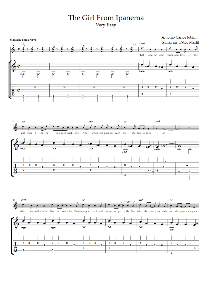 The Girl From Ipanema Very Easy Level Solo Guitar 조빔 기타 타브와 악보 9870