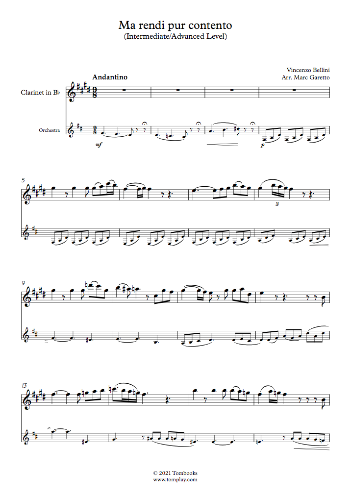 Ma Rendi Pur Contento Intermediate Advanced Level 벨리니 클라리넷 악보