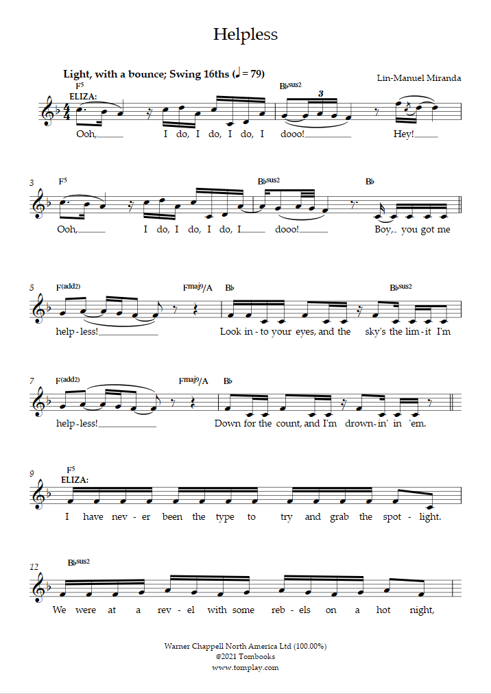Hamilton - Helpless (Miranda Lin-Manuel) - Vocal Sheet Music